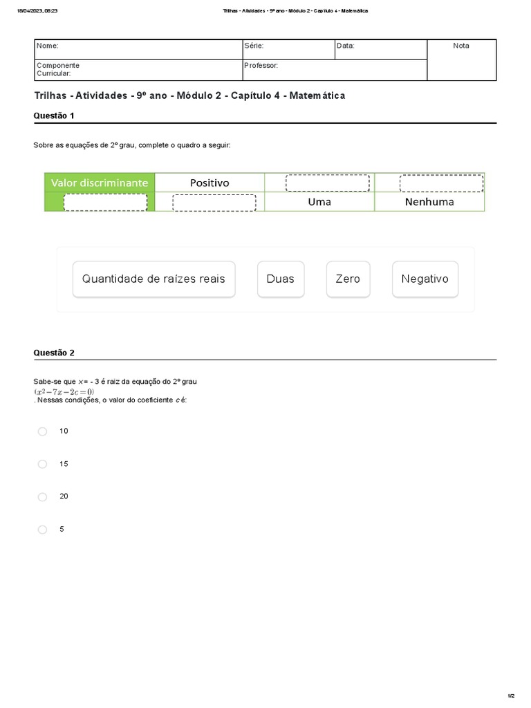 Trilhas - Atividades - 9º Ano - Módulo 2 - Capítulo 4 - Matemática | PDF