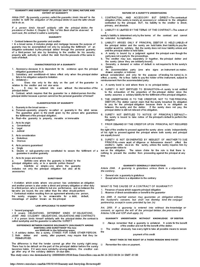 Guaranty and Suretyship Reviewer PDF | PDF | Guarantee | Surety