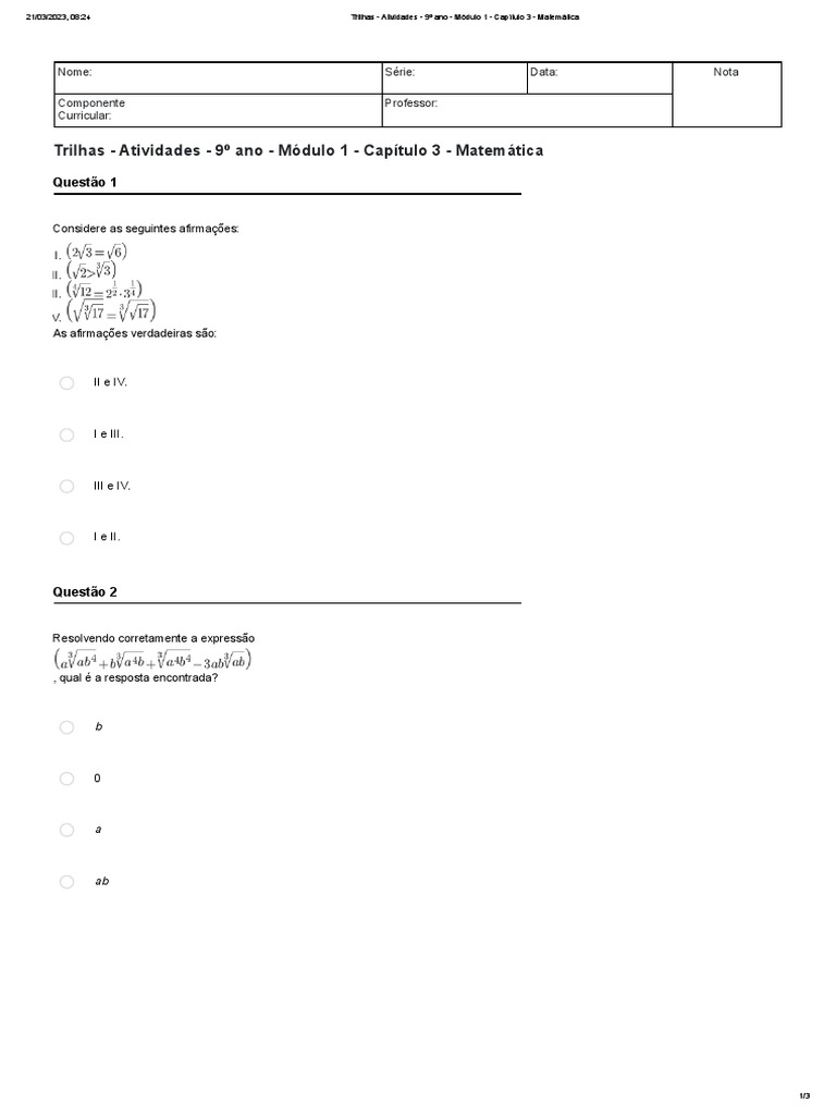 Trilhas - Atividades - 9º Ano - Módulo 1 - Capítulo 3 - Matemática | PDF
