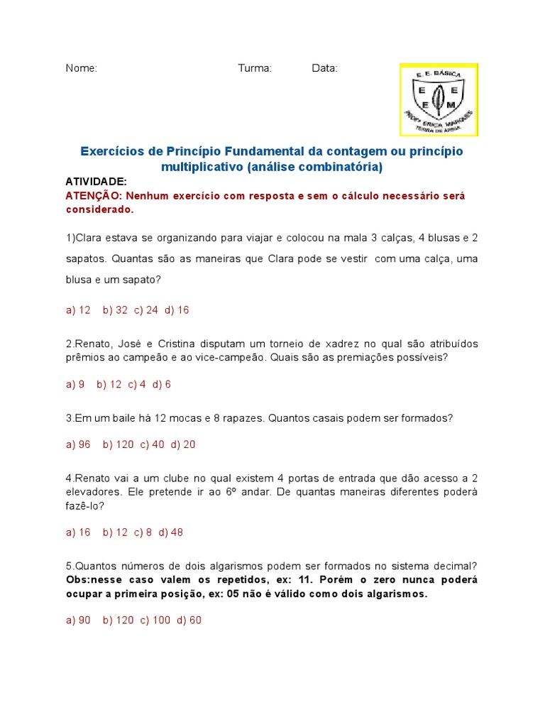 Exercícios de Princípio Fundamental Da Contagem Ou Princípio ...