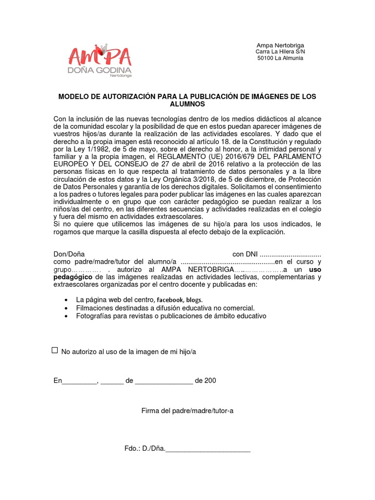 Autorización para La Publicación de Imágenes de Los Menores | PDF ... Autorización para La Publicación de Imágenes de Los Menores | PDF ...
