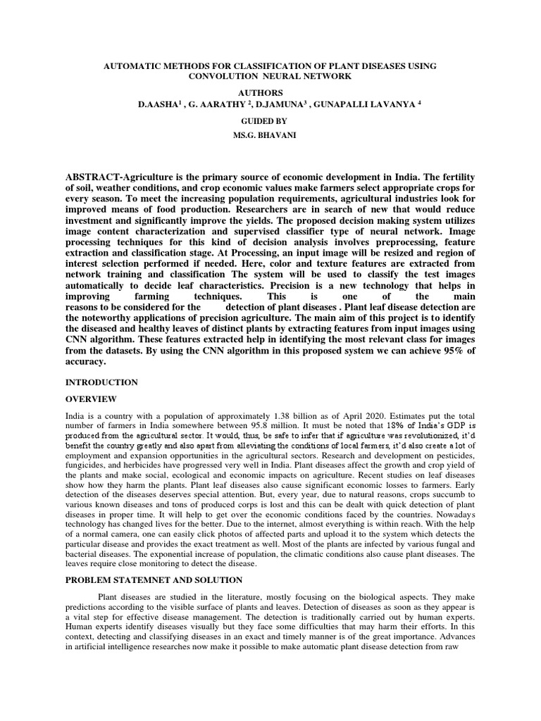 AUTOMATIC METHODS FOR CLASSIFICATION OF PLANT DISEASES USING CONVOLUTION NEURAL NETWORK Paper ...