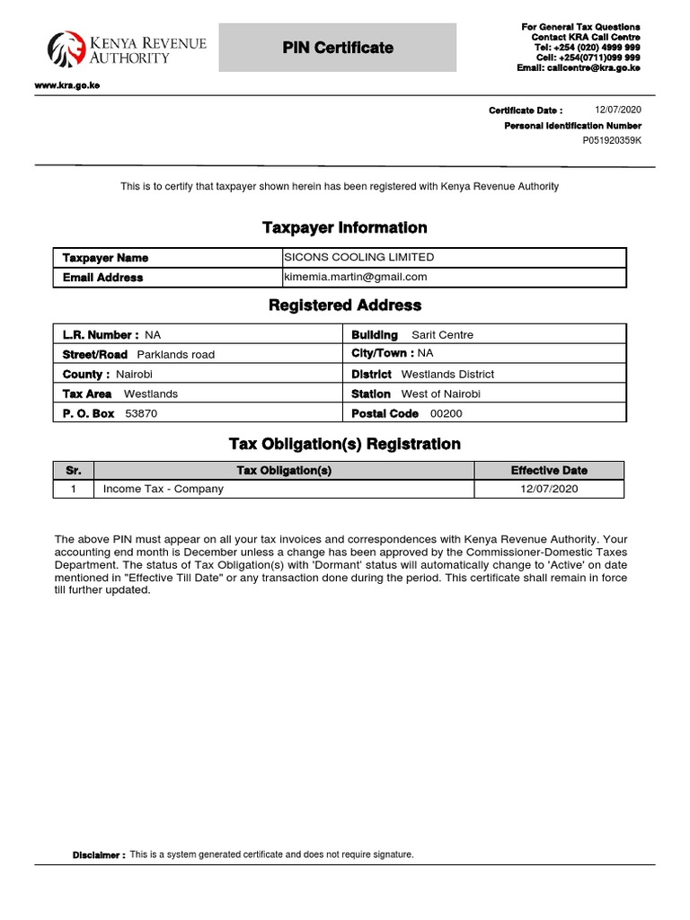 Company PIN Certificate Sicon | Download Free PDF | Taxes | Public Law