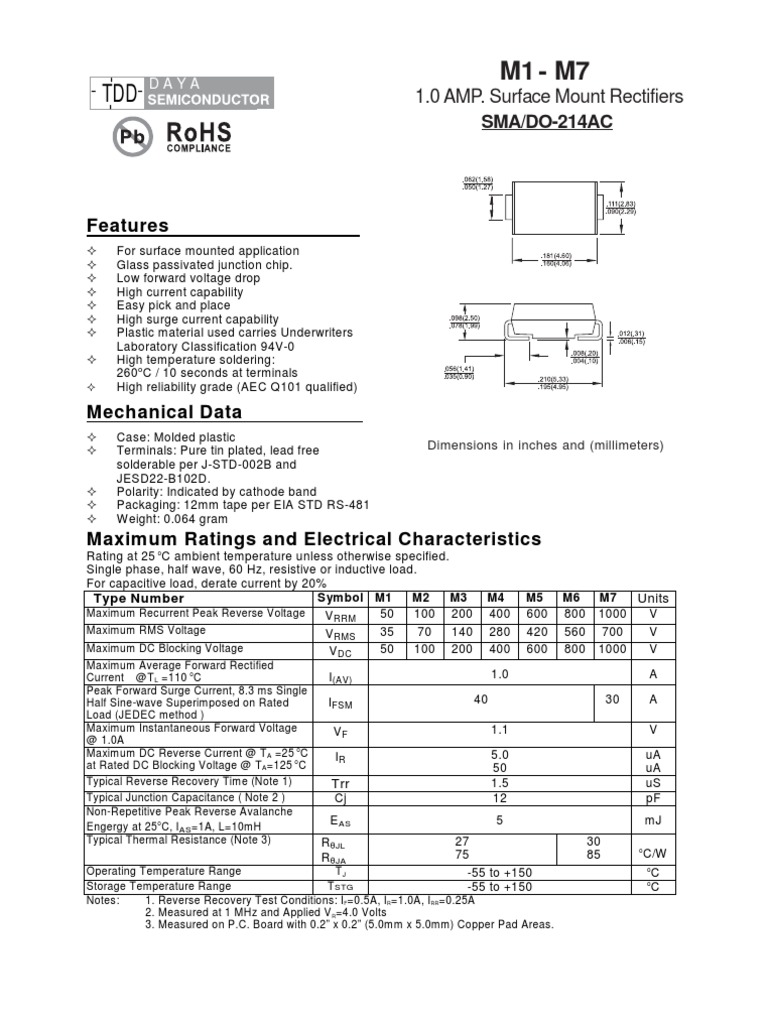 M7 1N4007 - Datasheet | PDF | Rectifier | Electrical Impedance