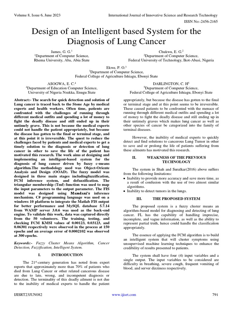 Design Of An Intelligent Based System For The Diagnosis Of Lung Cancer Pdf Fuzzy Logic