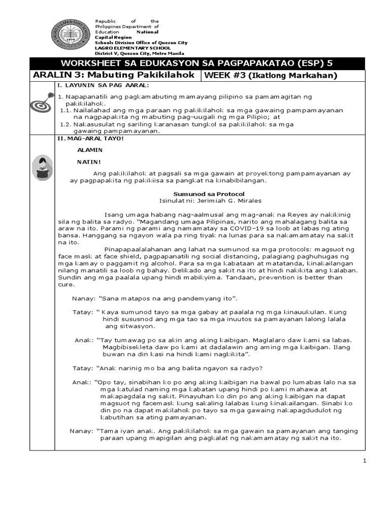 ESP Worksheet Week 3 3rd QTR | PDF