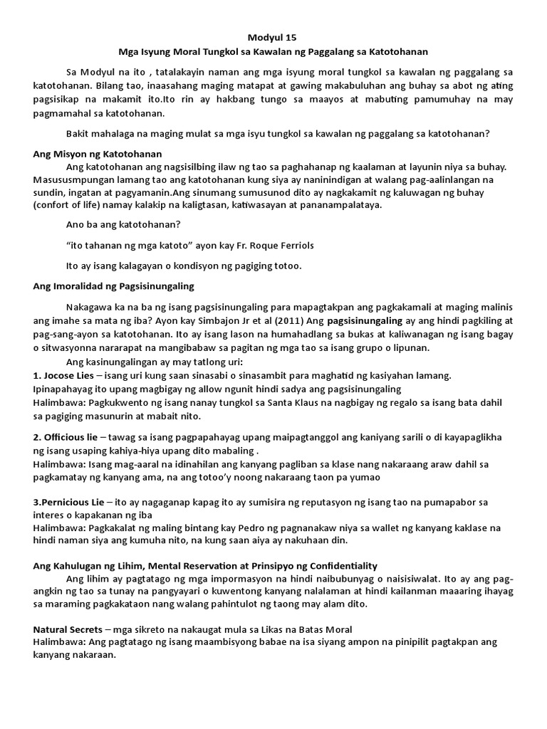 Modyul 15 Mga Isyung Moral Tungkol Sa Kawalan NG Paggalang Sa Katotohanan | PDF