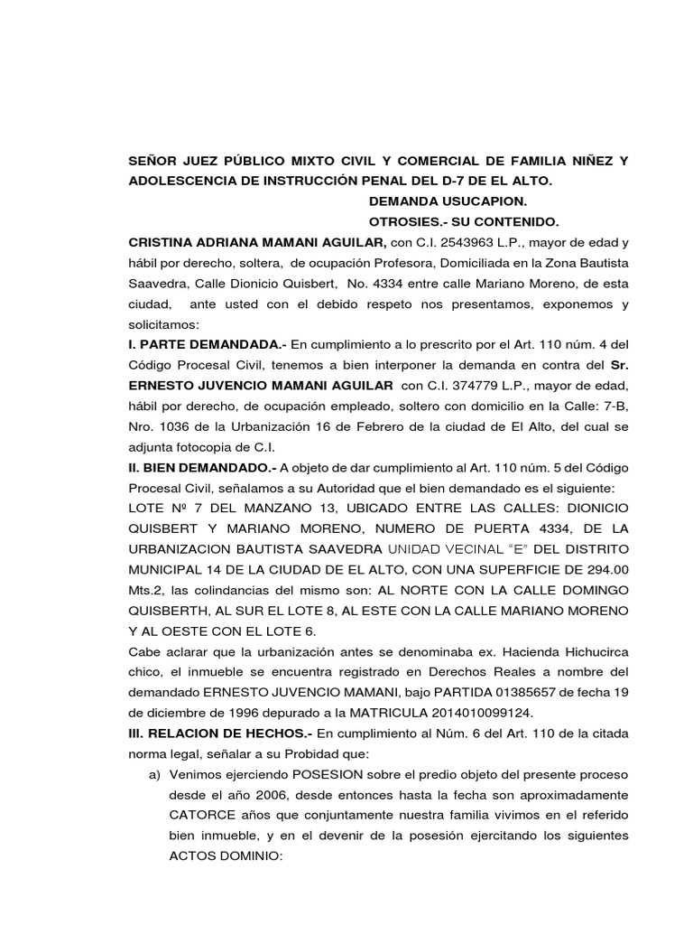 Demanda Usucapion | PDF | Propiedad | Justicia