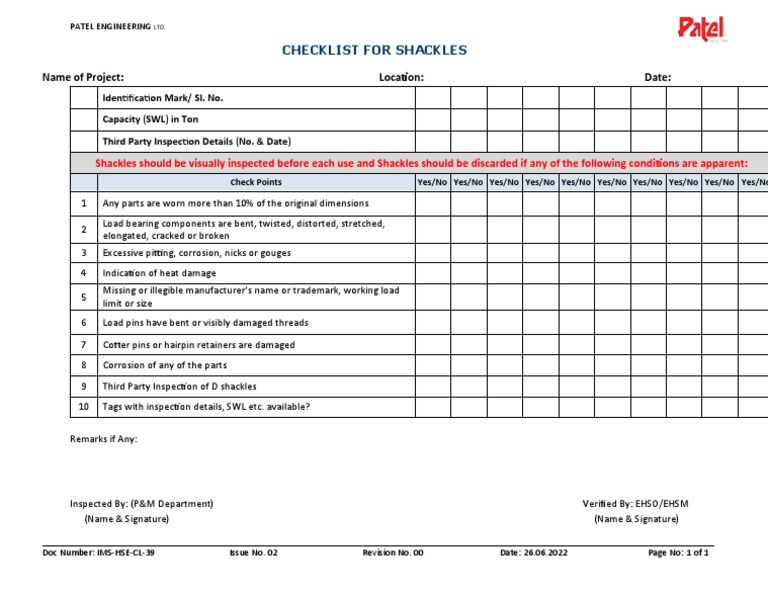 IMS HSE CL 39 Checklist For Shackles | PDF