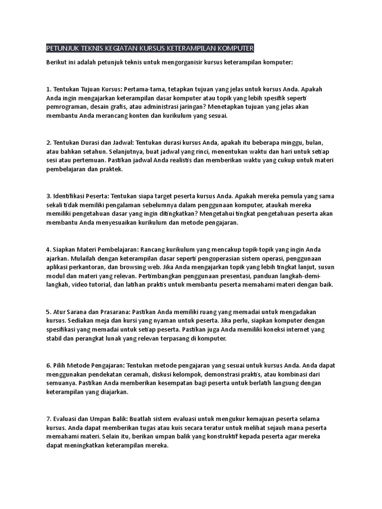 Petunjuk Teknis Kegiatan Kursus Keterampilan Komputer | PDF