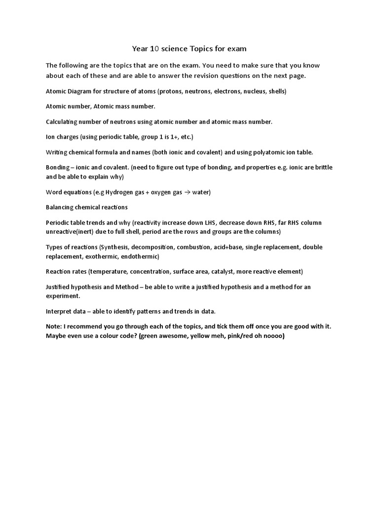 Year 10 Science CHEM Topics + Revision For Exam | PDF | Ionic Bonding ...