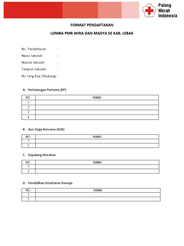 Formulir Pendaftaran Lomba PMR Wira | PDF | Olahraga & Rekreasi | Ilmu ...
