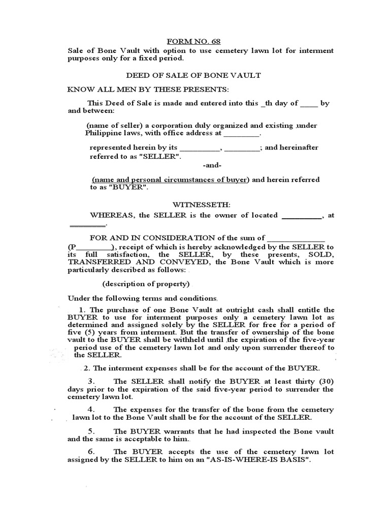 FORM NO. 68 Sale of Bone Vault With Option To Use Cemetery Lawn Lot For ...