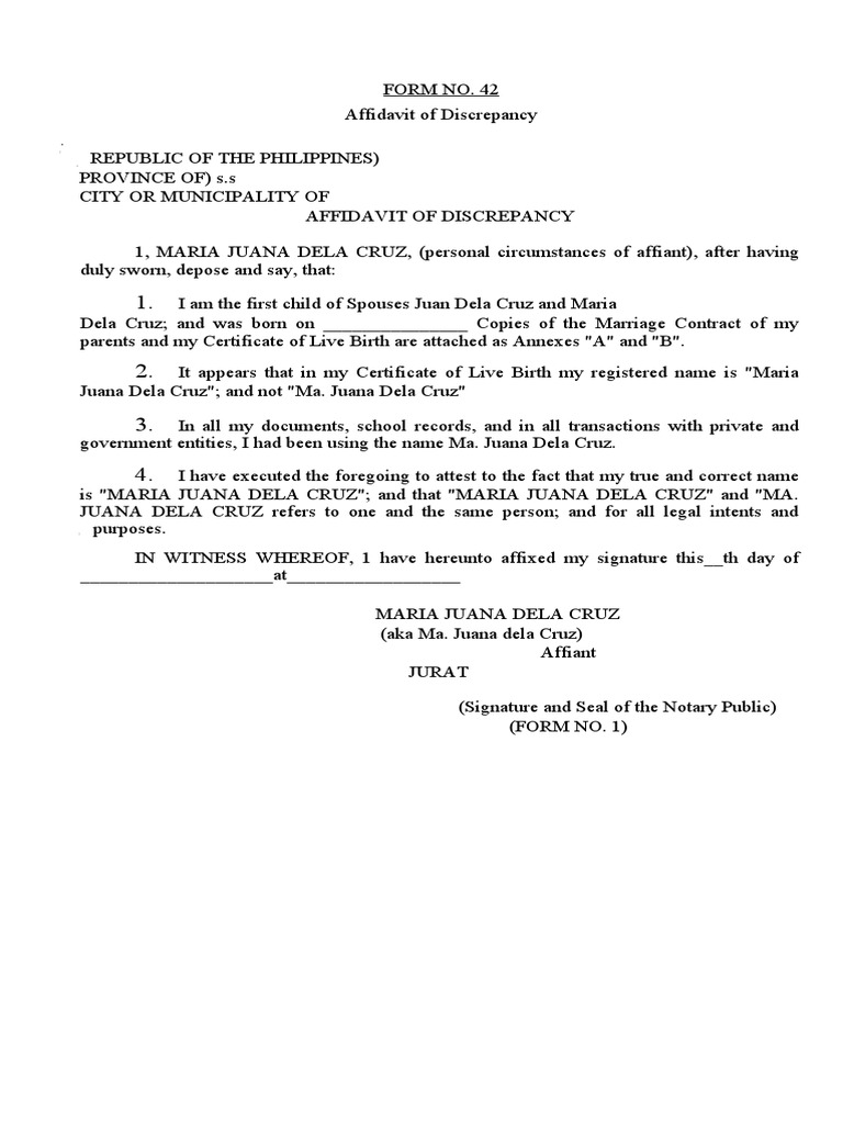 FORM NO. 42 Affidavit of Discrepancy | PDF | Law