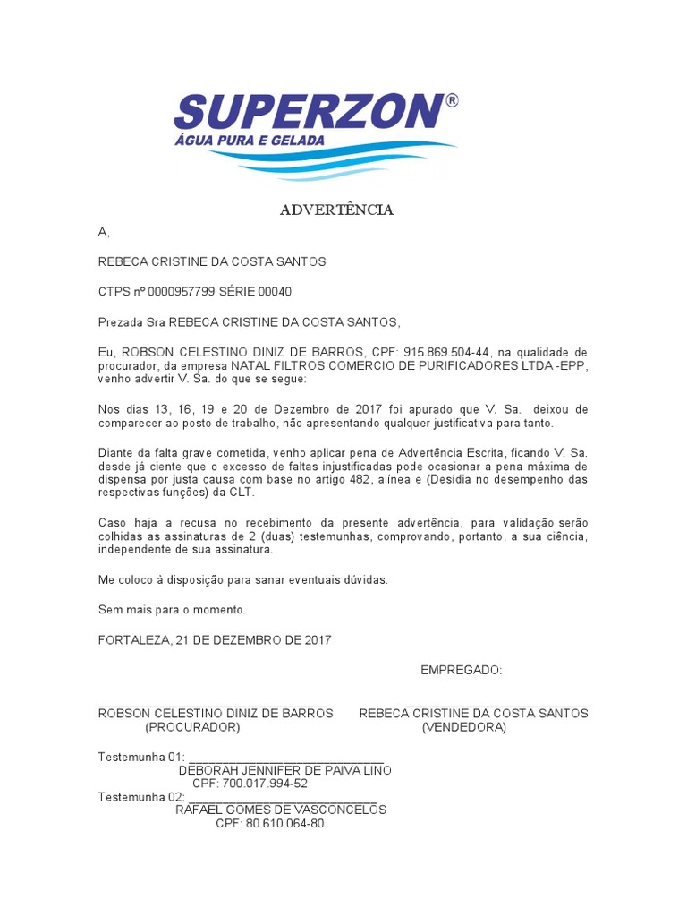 Advertência Falta Injustificada | PDF