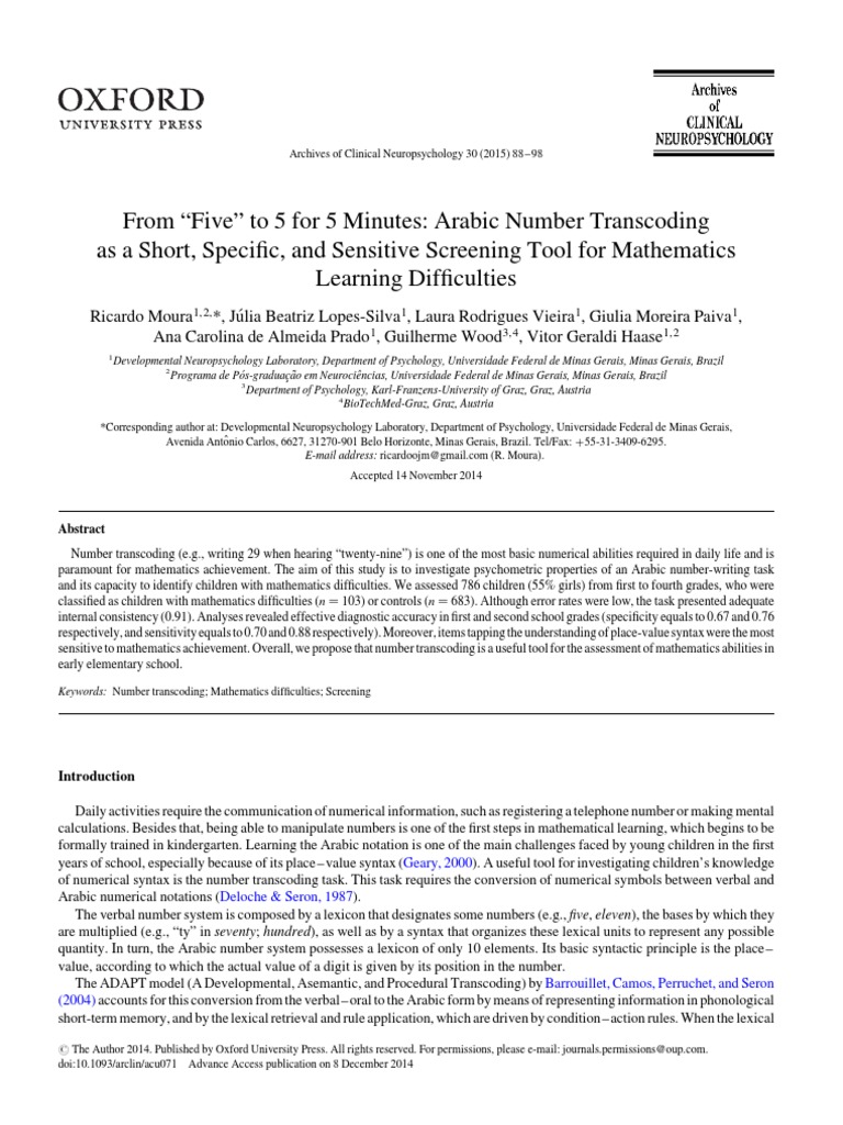 Moura Et - at 2015 Number Transcoding Screening | PDF | Working Memory | Receiver Operating ...