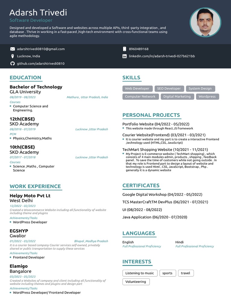 Adarsh's Resume | PDF | Websites | Word Press Adarsh's Resume | PDF | Websites | Word Press