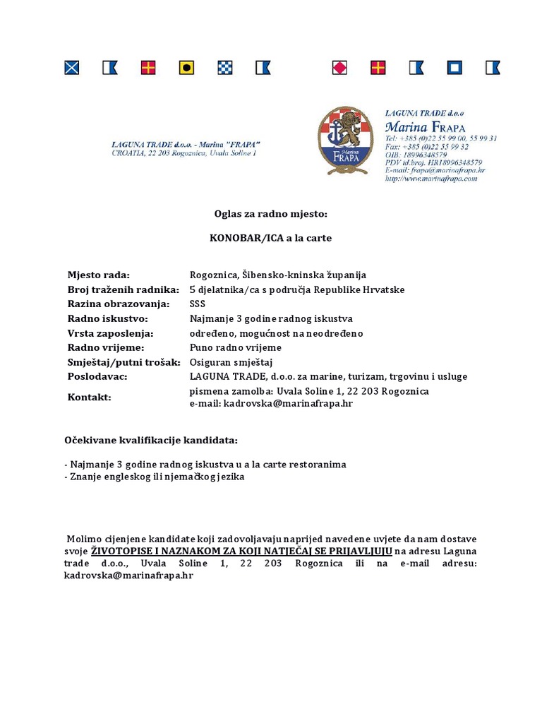 Oglas Za Radno Mjesto - KONOBAR | PDF