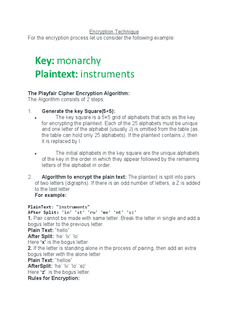 Encryption Technique Play Fair Cipher Pdf