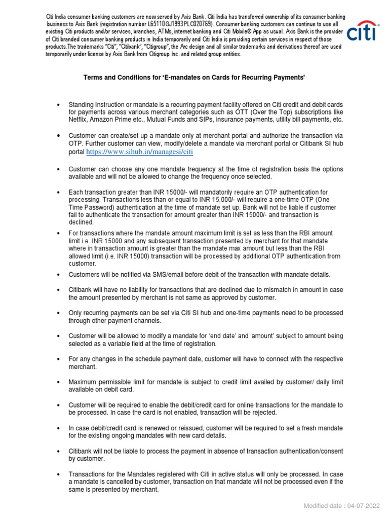 Citi E-Mandate Terms for Recurring Payments | PDF | Debit Card | Credit ...