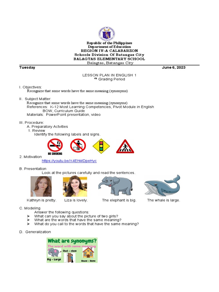 English 1 Lesson Plan on Synonyms | PDF