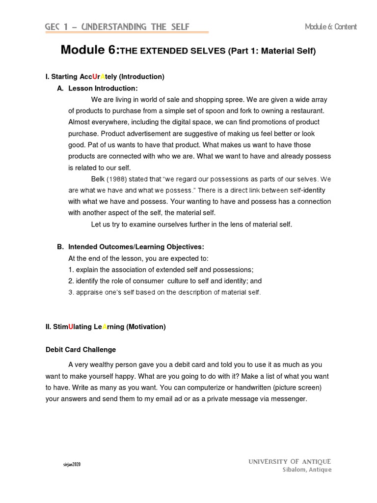 GEC 1 - Module 6 - The Extended Selves | PDF | Self | William James