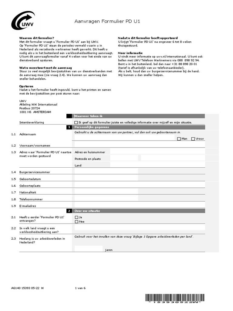 Aanvragen Formulier PD U1 PDF | PDF
