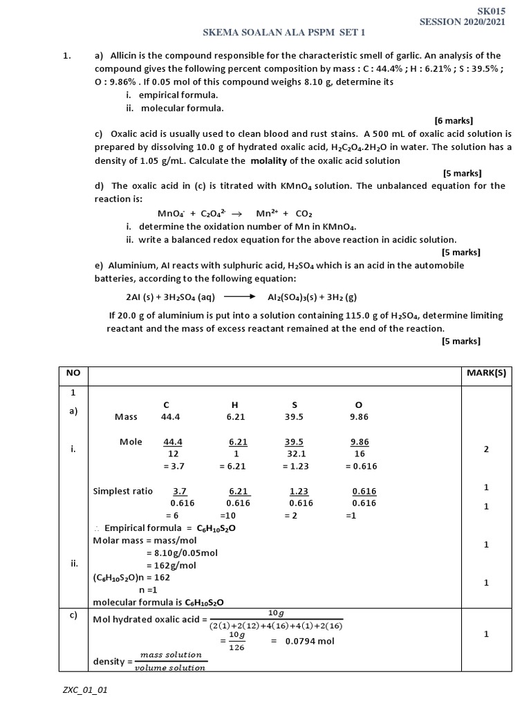 SKEMA _ SOALAN ALA FORMAT PSPM I set 1 SK015 2020 (1) | PDF | Chemical ...