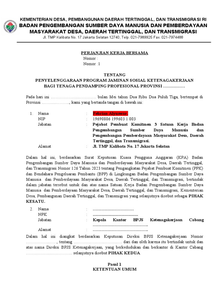 Draft Kontrak BPJS - PPK 2023 | PDF