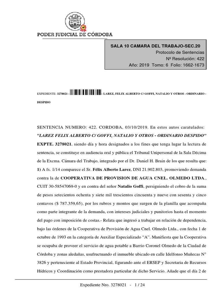 Sentencia Laboral | Descargar gratis PDF | Cooperativa | Sentencia (ley)