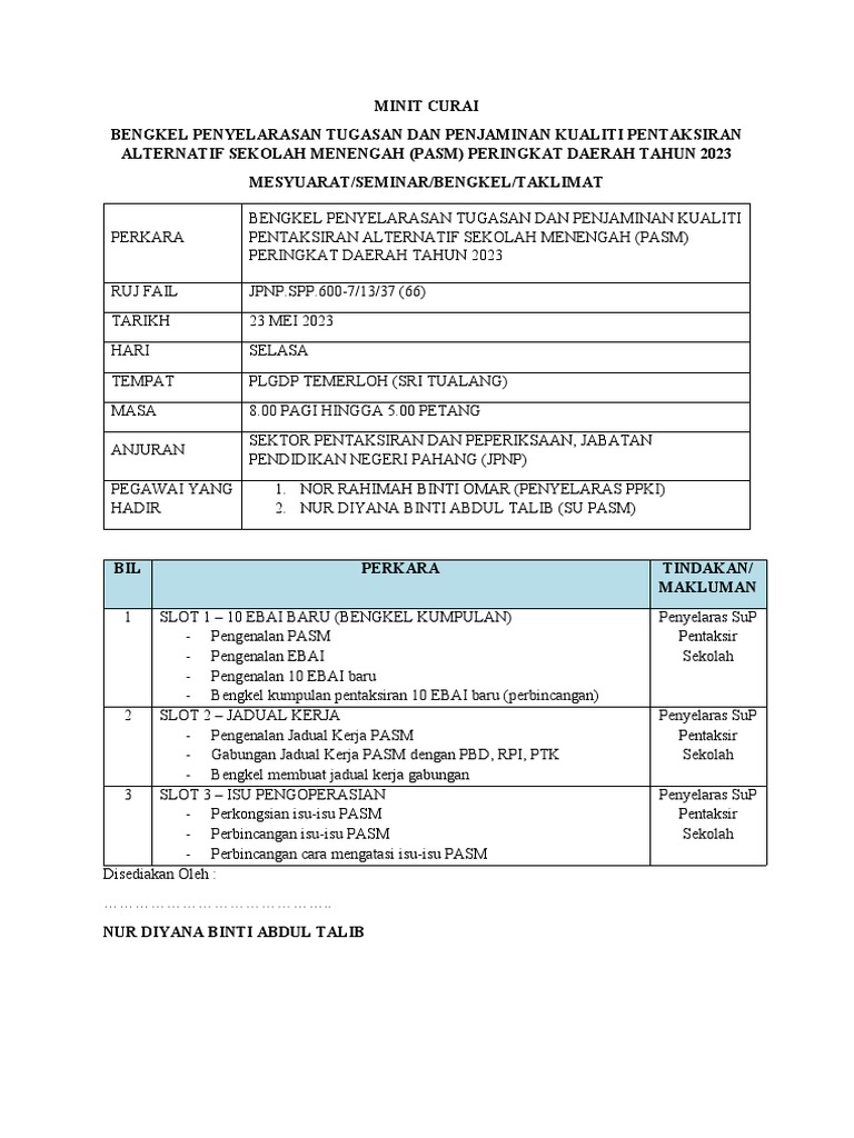 Minit Curai Bengkel Pasm | PDF