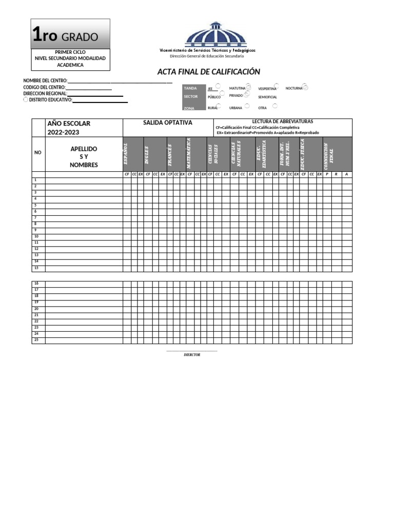 Acta Final 1ro de Secundaria Oficial | PDF