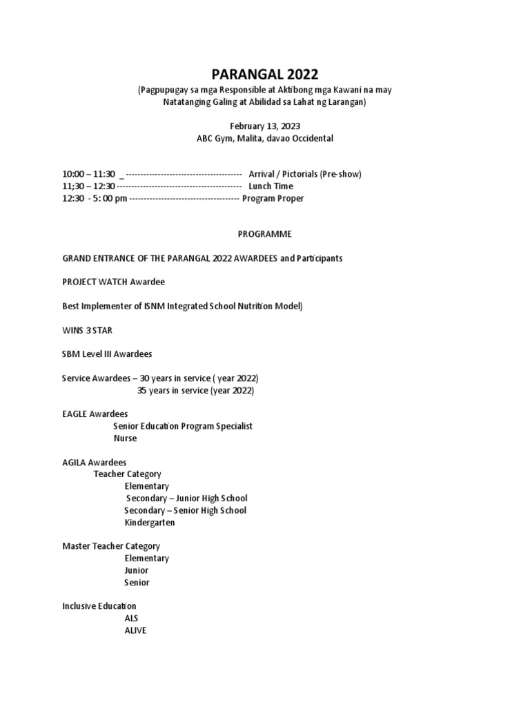 PARANGAL 2022 PROGRAMME Edited | PDF | Educational Institutions ...