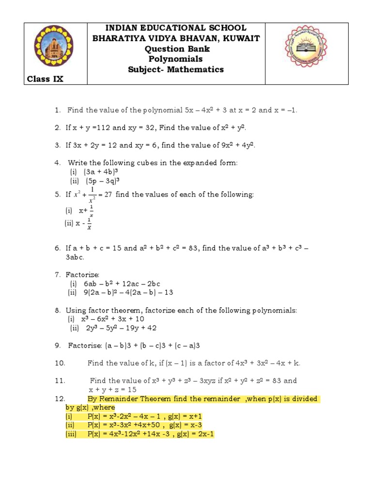 Class 9 Polynomials Question Bank | PDF | Mathematics Of Computing ...