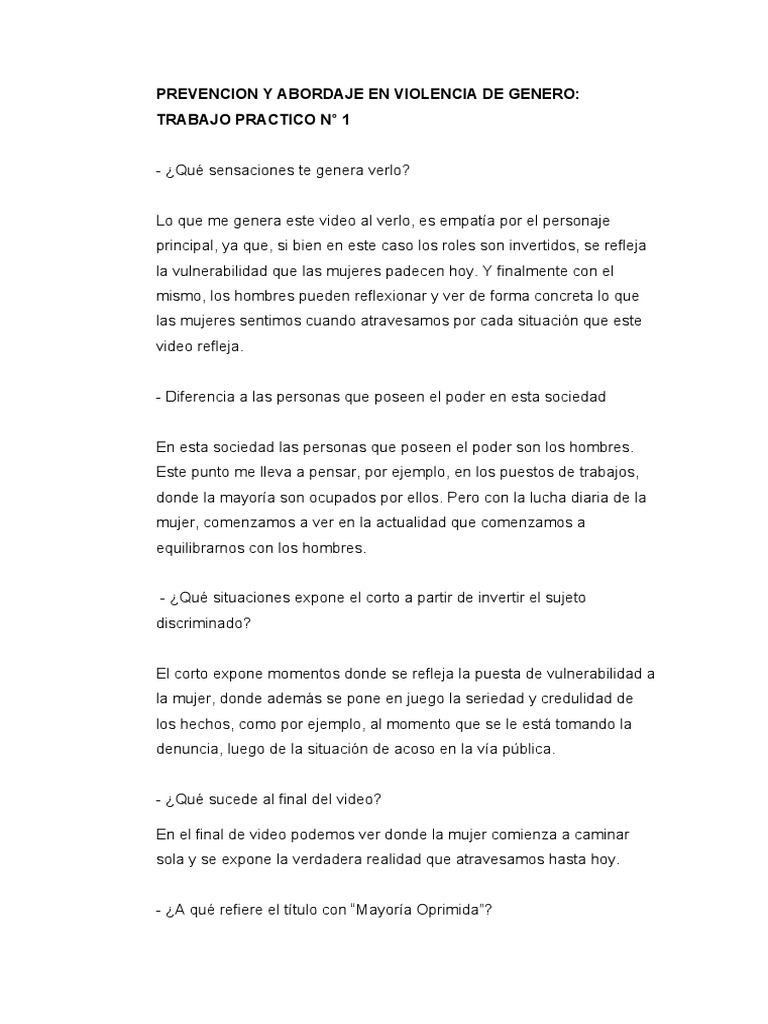 Prevencion y Abordaje en Violencia de Genero. TP 1 | PDF