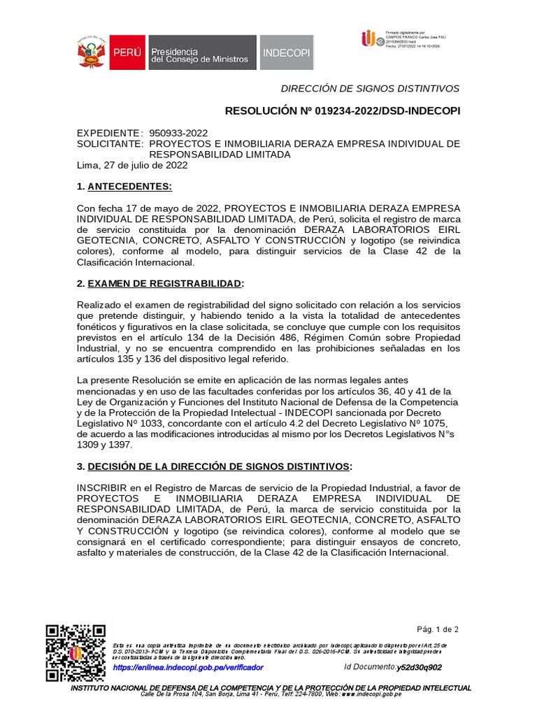 Registro de Marca DERAZA EIRL en Perú | PDF | Gobierno | Justicia