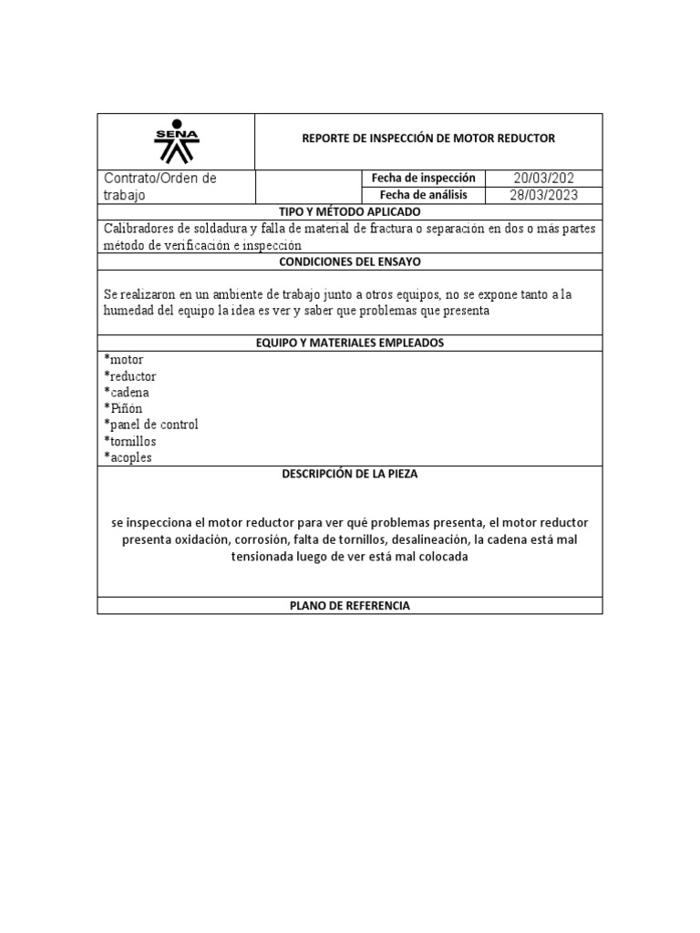 REPORTE_DE_INSPECCION MOTOR REDUCTOR | PDF | Engranaje | Tornillo
