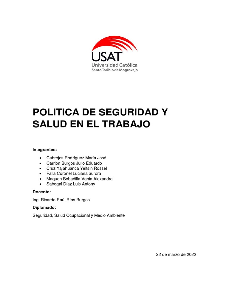 Politica de Seguridad y Salud en El Trabajo - Grupo 02 | Descargar gratis PDF | Valores ...