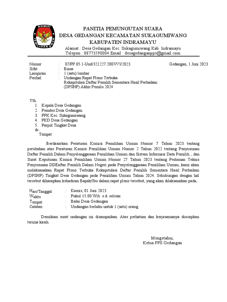 Draft Undangan DPSHP PPS Gedangan | PDF