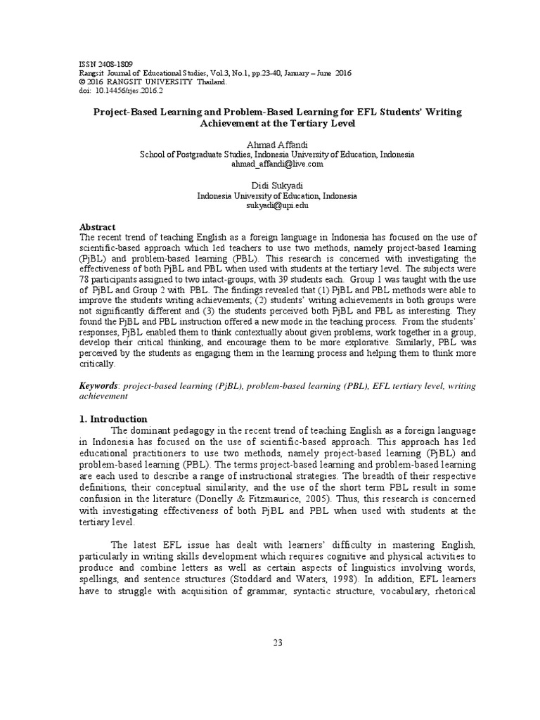 Project-Based Learning and Problem-Based Learning For EFL Students' Writing Achievement at The ...