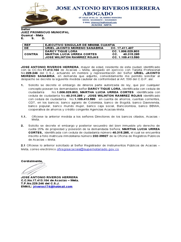 Medidas Uriel Moreno VS Darcy Tique Lora y Otros | PDF | Justicia ...