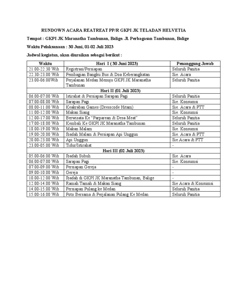 Contoh RUNDOWN ACARA REATREAT PPR | PDF
