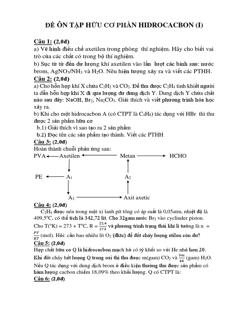 Đề Ôn Tập Hữu Cơ Phần Hidrocacbon | PDF