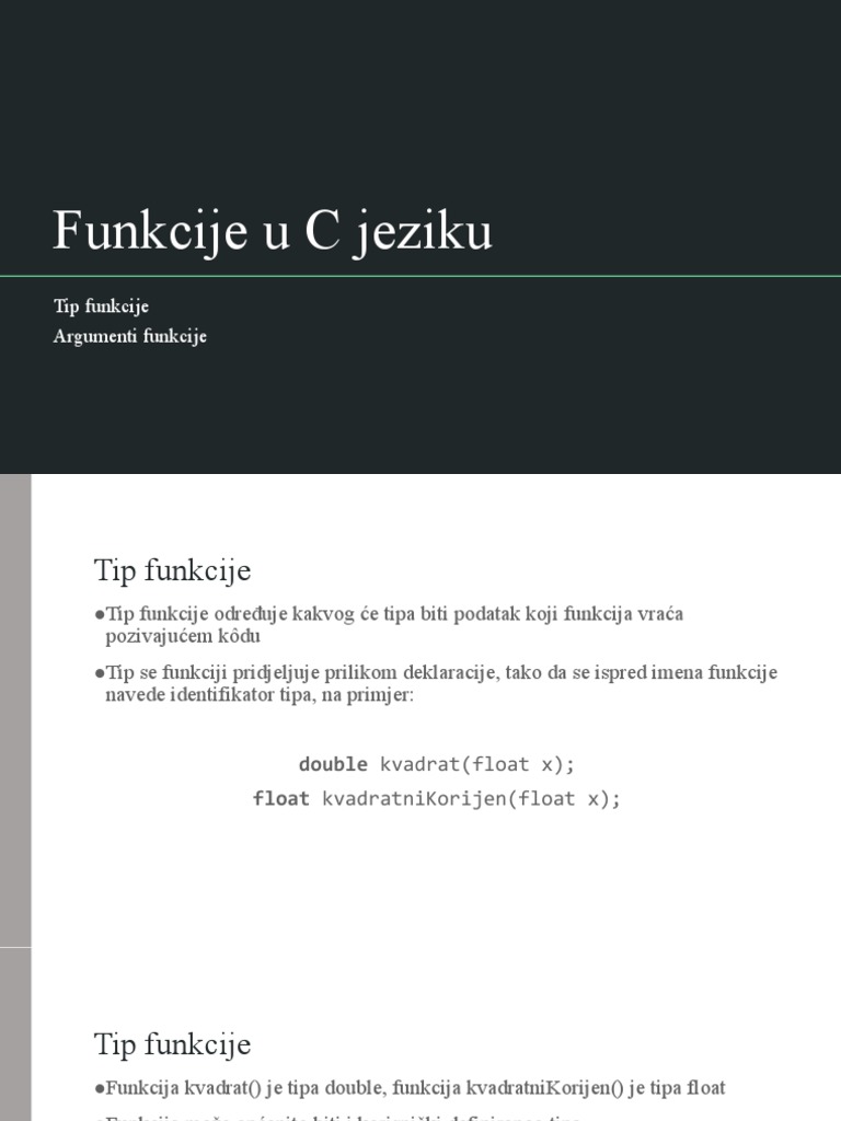 C Jezik - Funkcije - Tip I Argumenti | PDF