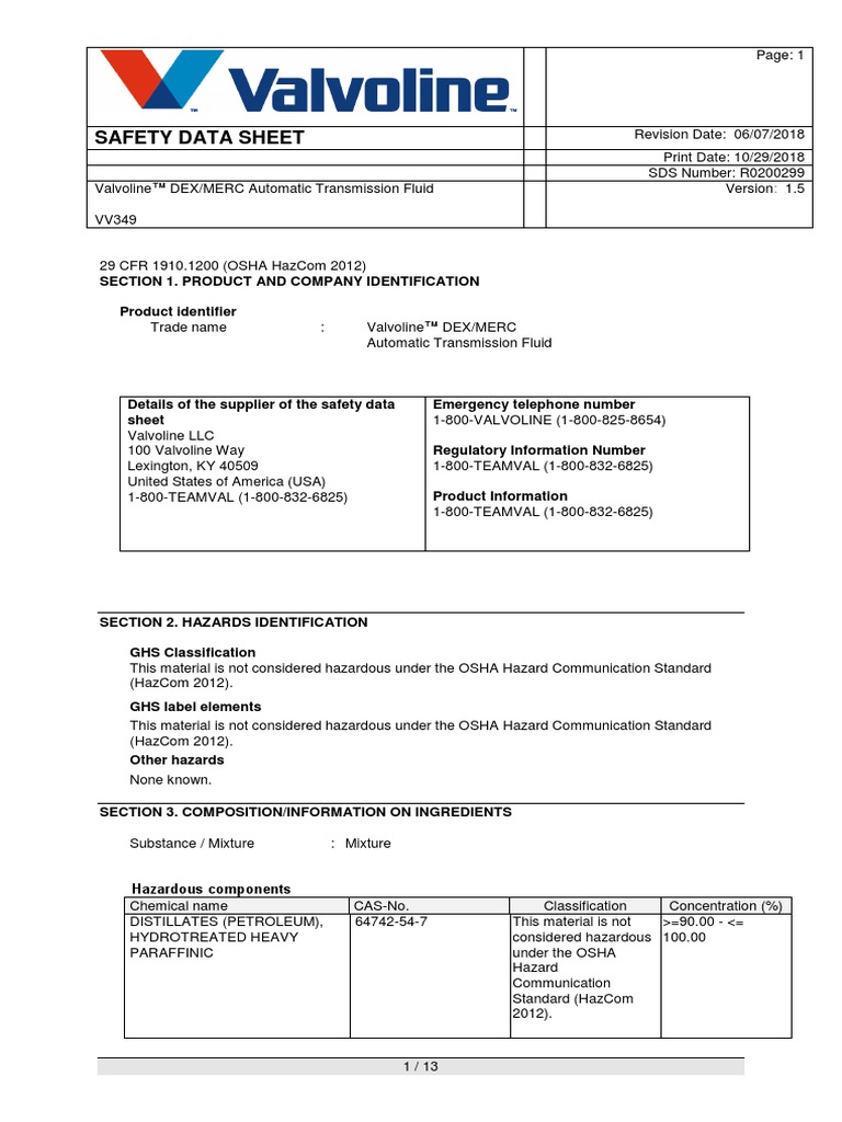 VV349 Dex-Merc ATF | PDF | Dangerous Goods | Toxicity
