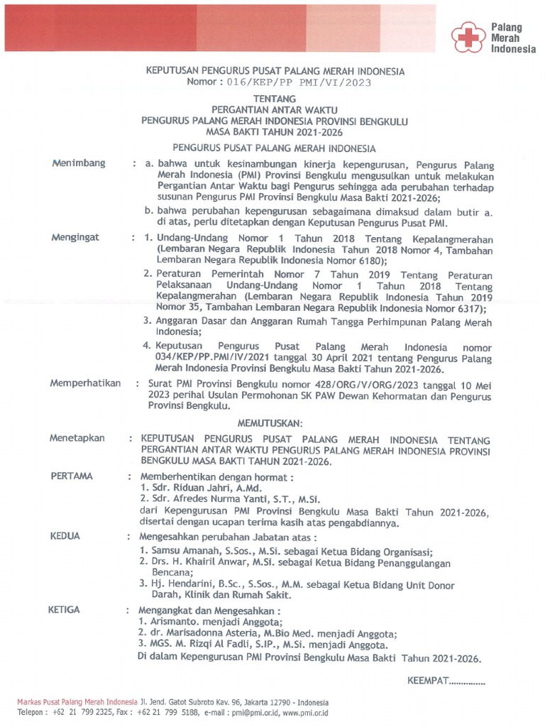 SK 016 Kep PP Pmi Vi 2023 Paw Bengkulu | PDF