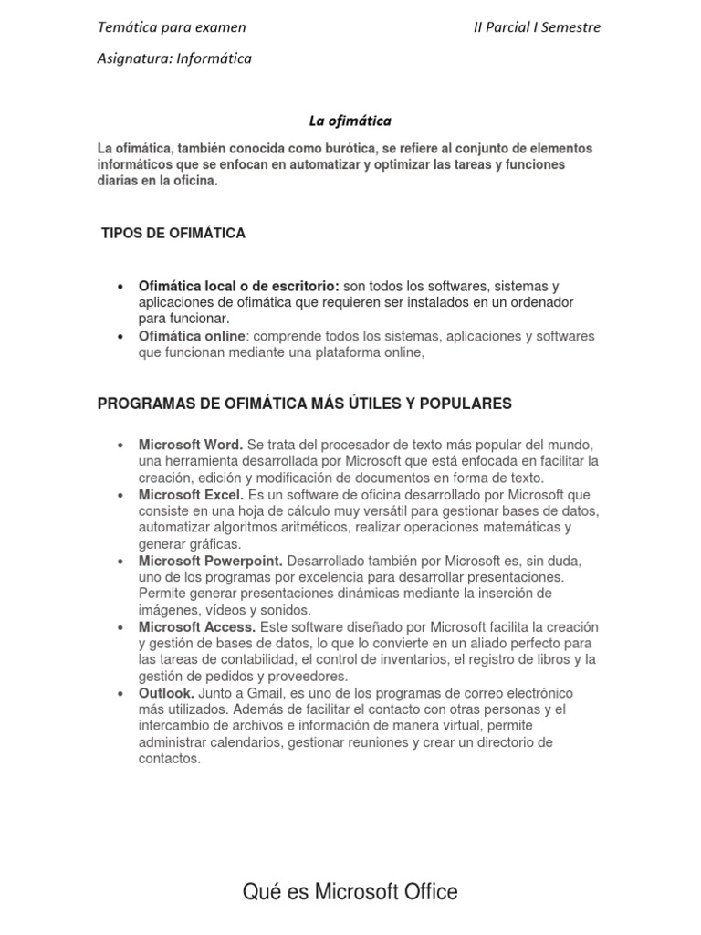 Temática para Examen INFORMATICA II Parcial I Semestre | PDF | Microsoft Office | Software de la ...