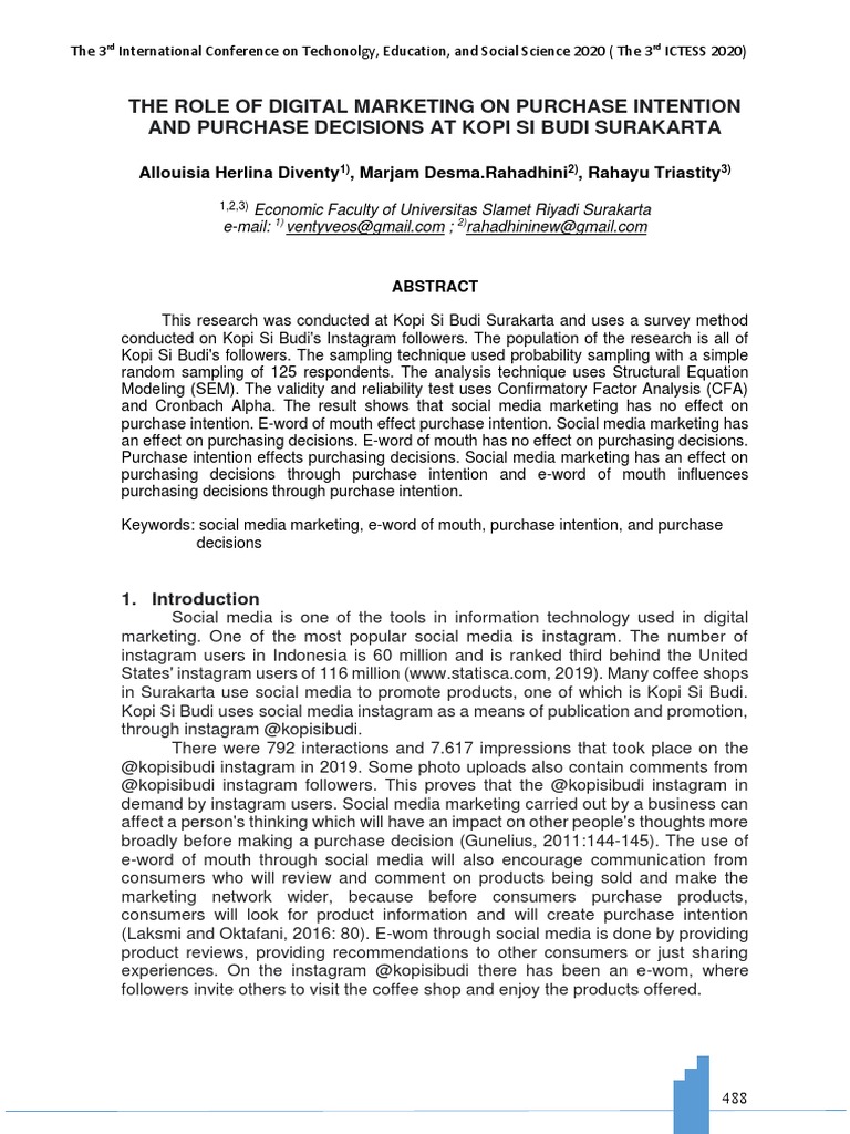 The Role of Digital Marketing On Purchase Intention and Purchase Decisions at Kopi Si Budi ...