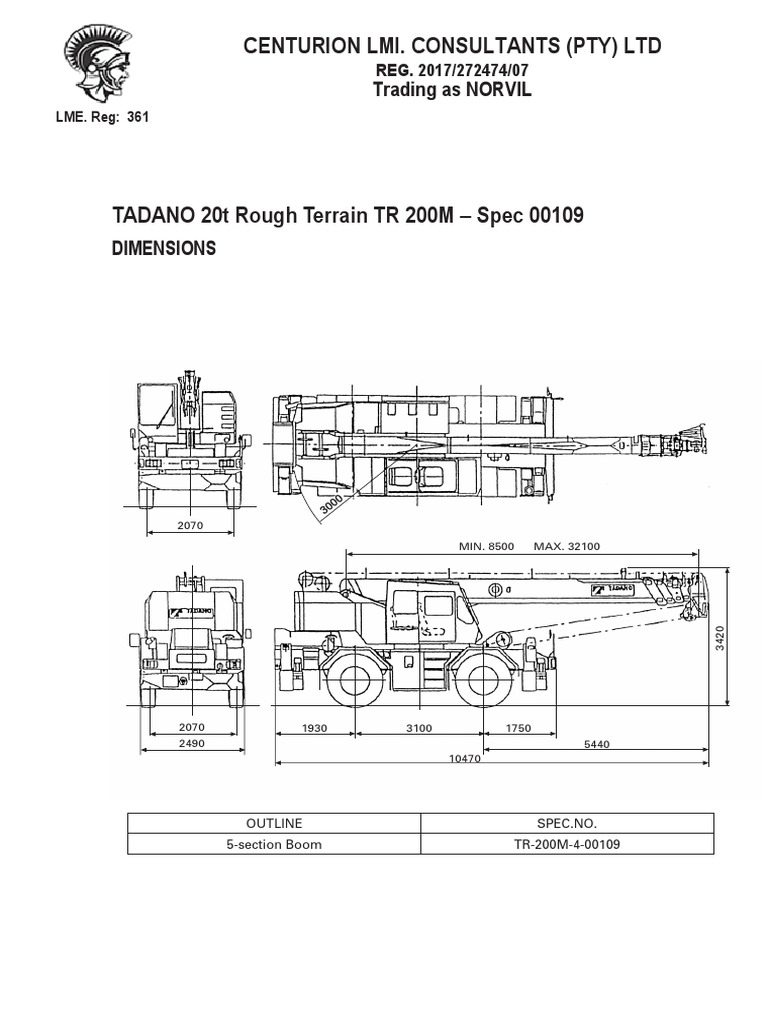 Tadano 20t Rough Terrain TR 200M Specs | PDF | Axle | Crane (Machine)