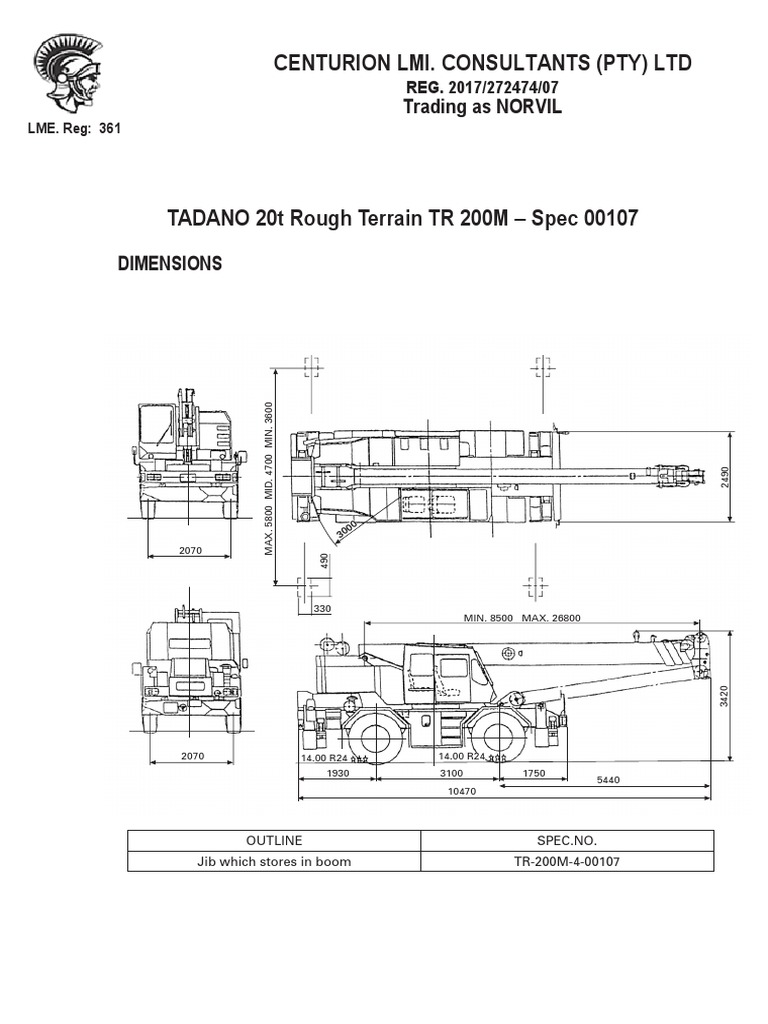 Tadano 20t Rough Terrain TR-200M Specs | PDF | Crane (Machine) | Axle